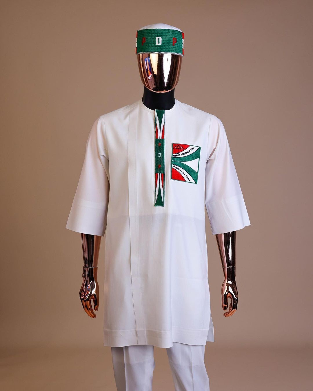 A white , PDP (People Democratic Party) pattern embroidery, 3/4 sleeve ...