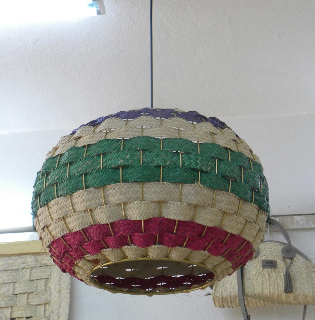 Boho Dome Shape Weave Natural Fiber Raffia Hanging Ceiling Pendant Ligh ...