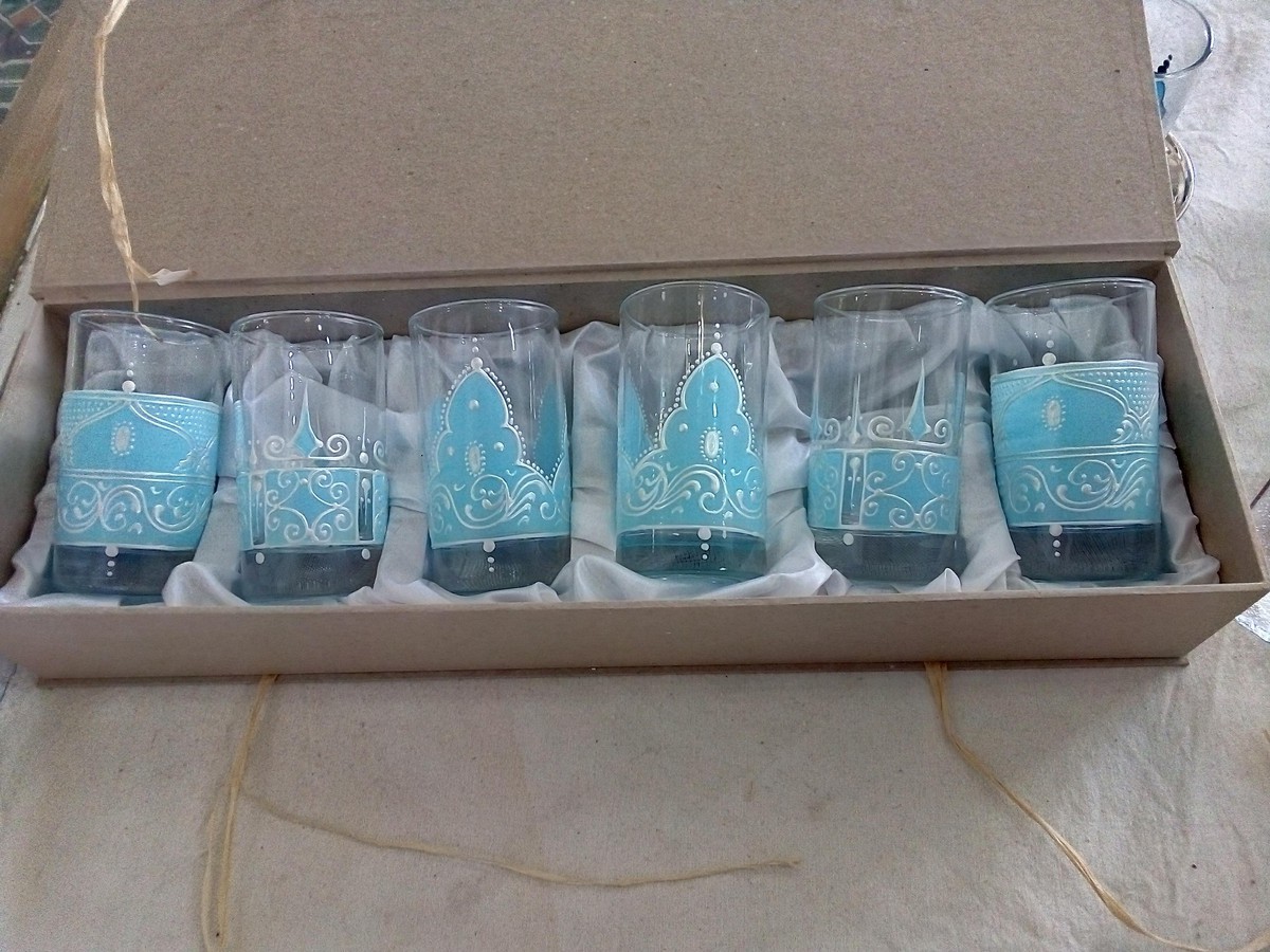 Set of 6 Hand Painted Blue Moroccan Glasses Tea Set by bohemian-decor ...