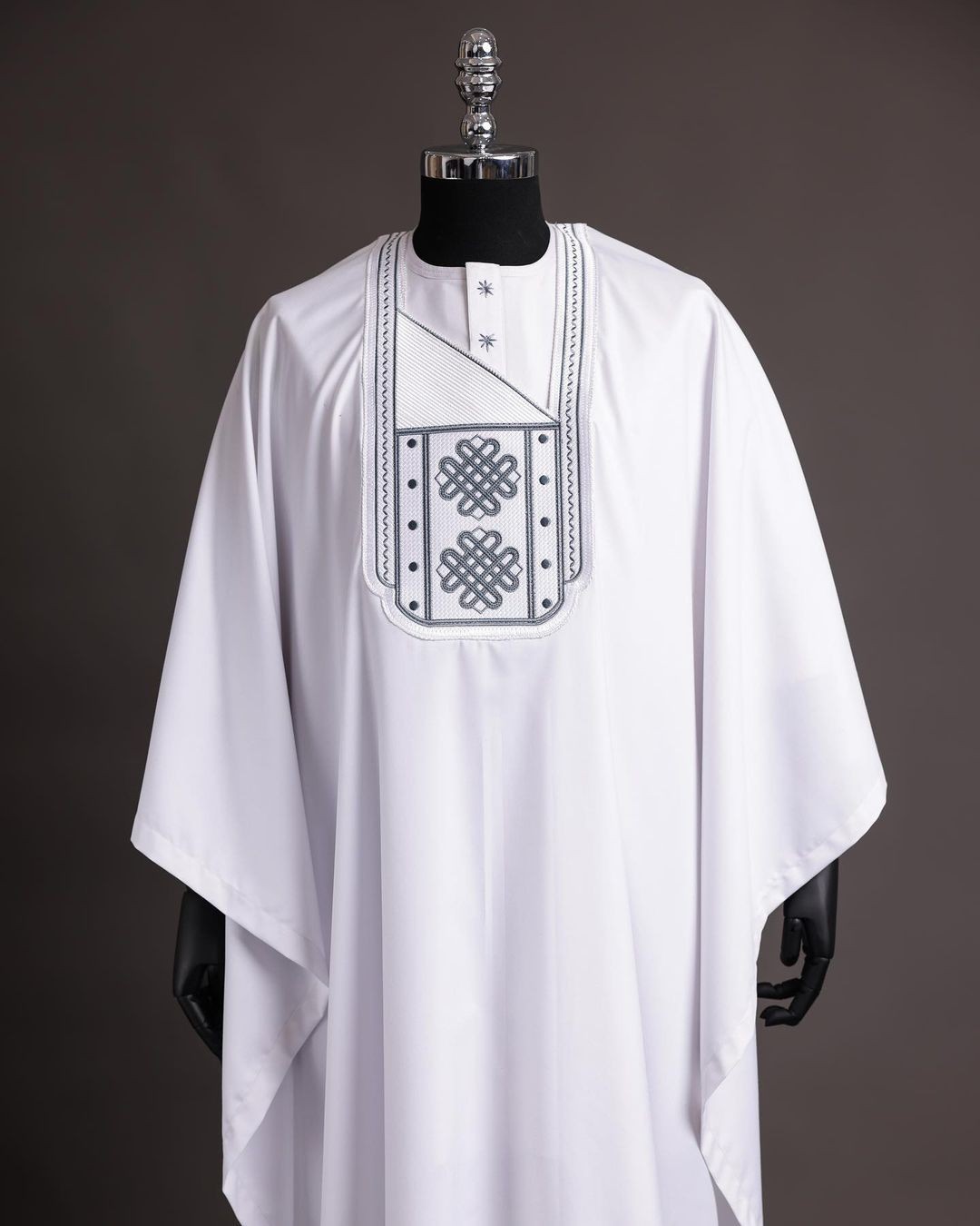 A white agbada, grey embroidery detailing, 3/4 sleeve buba & sokoto - ANKA