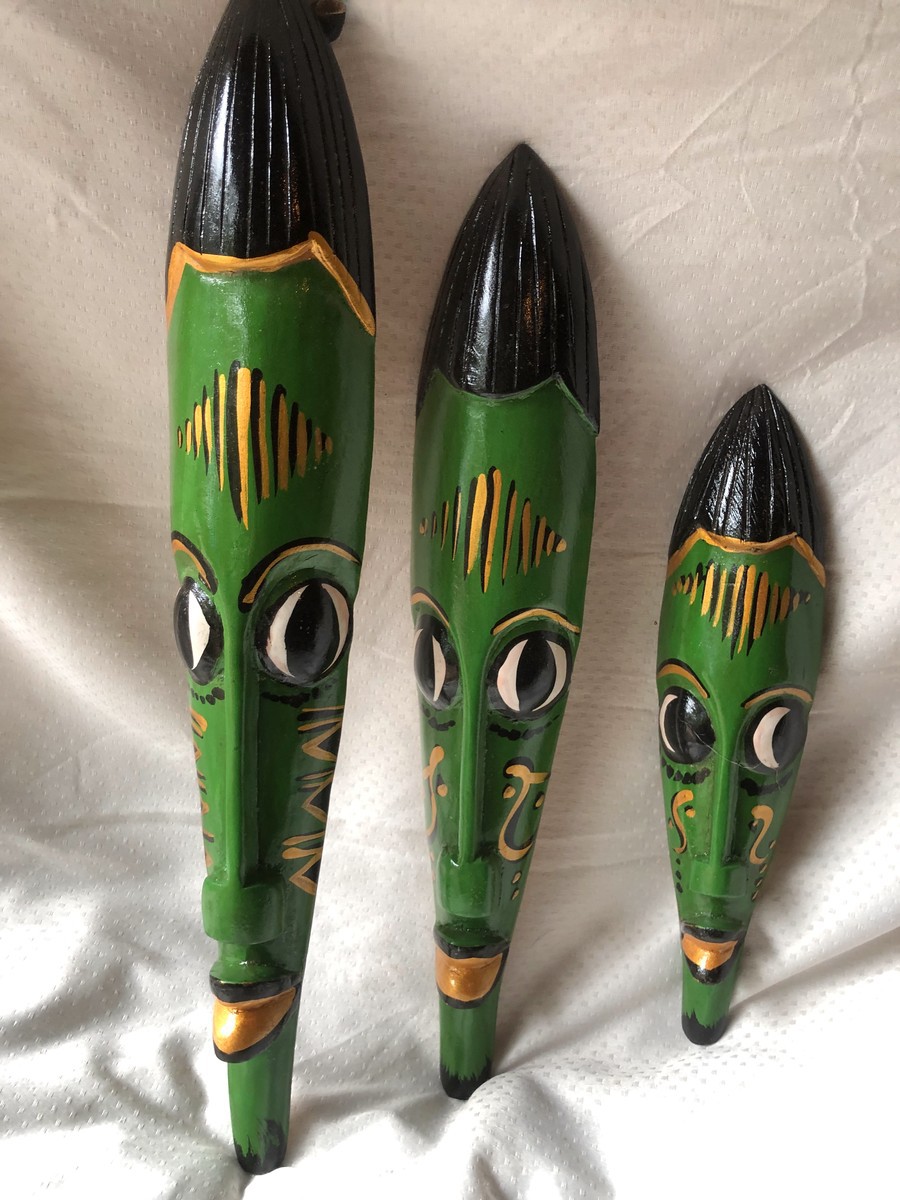 A set of 3 wooden face masks/wall hanging face masks decor by collectio ...