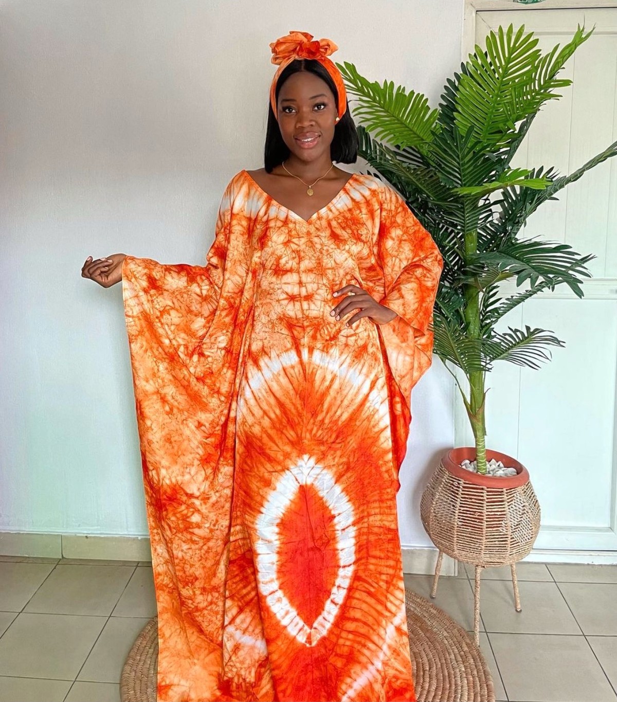 orange-adire-silk-bubu-tie-dye-silk-boubou-for-women-beach-wear-by-die