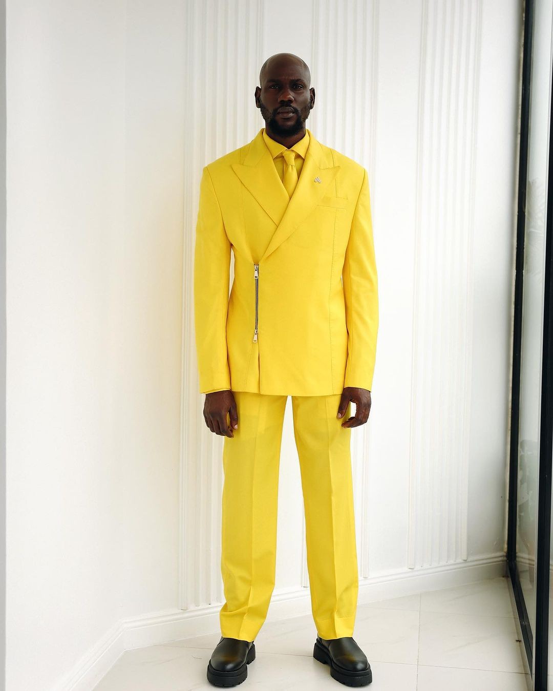 A Monochrome yellow “panther” wrap peak lapel suit & pant Trouser. - ANKA