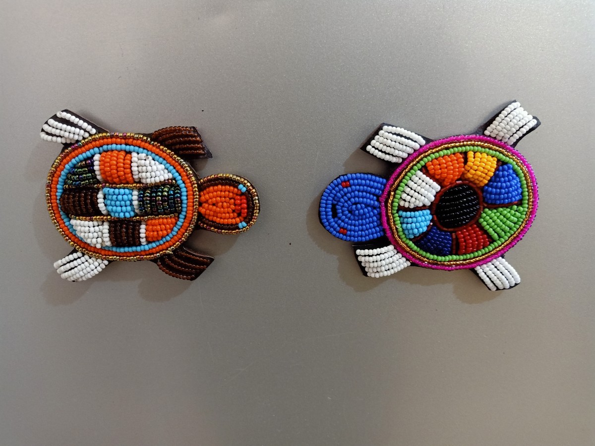 set of two fridge magnets, beaded tortoise fridge magnets, kitchen cat ...