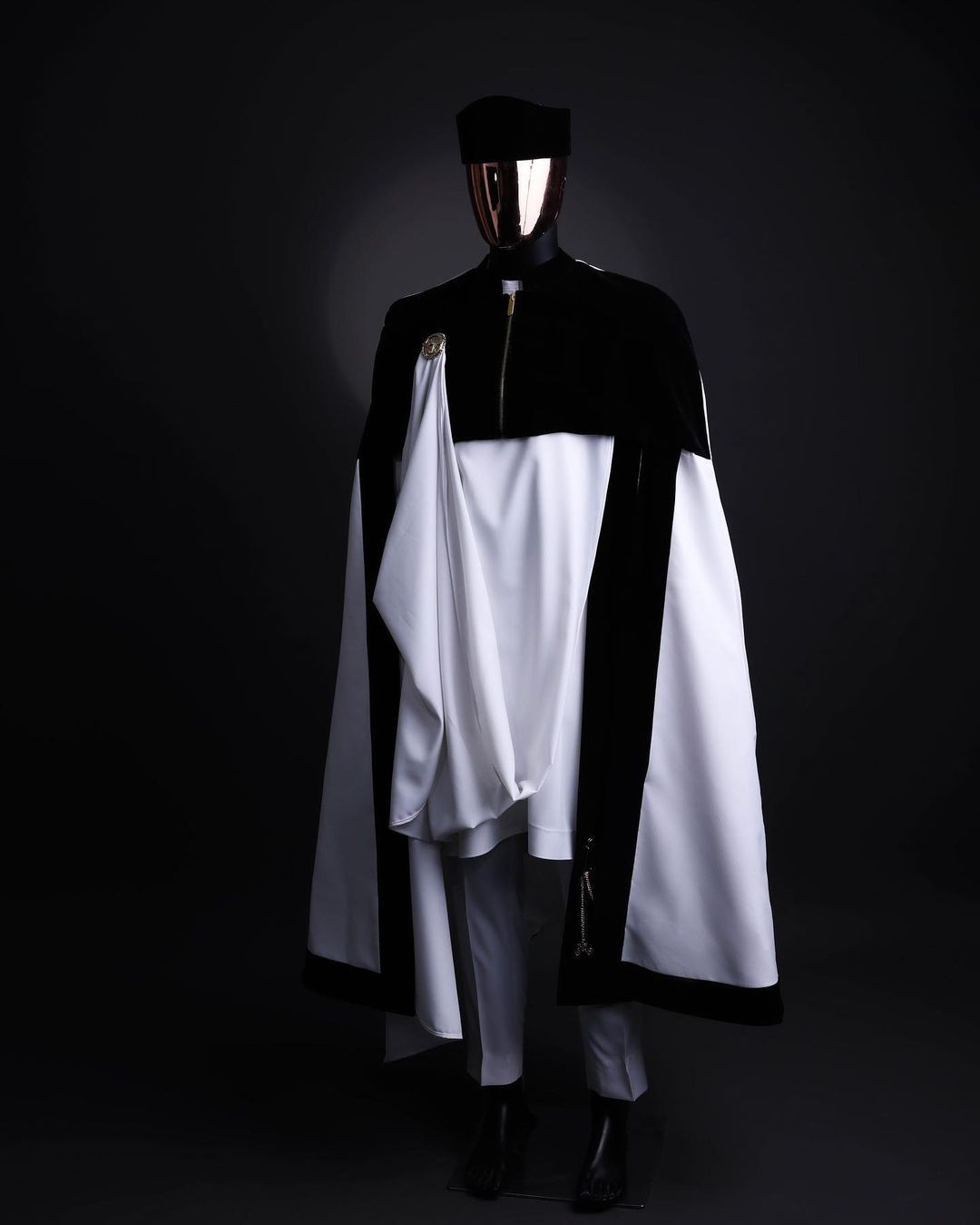 A white & black tragbada, zipline cape, long sleeve African senator - ANKA