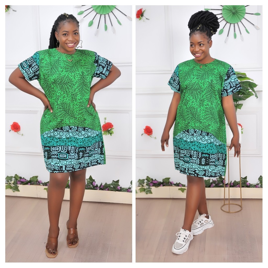 Short Ankara African Print Green Cotton Shift Casual Evening Dress, A ...