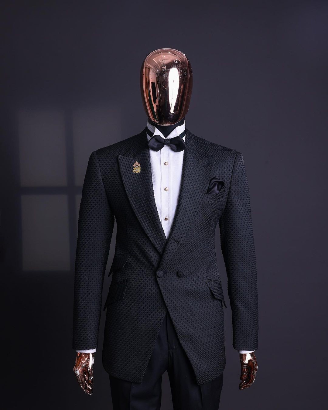 A charcoal black, dotted jacquard, half double breasted suit, Pant trou - ANKA