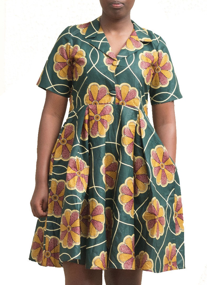 Green dress in wax by inezacreations - Mid-length Dresses - Afrikrea