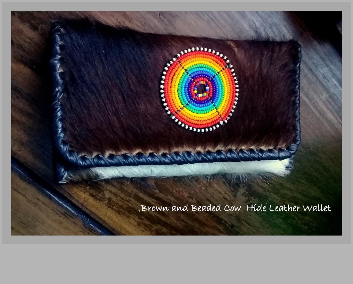 African Wallet made from Treated Cow Hide Leather with Beaded Accessory ...